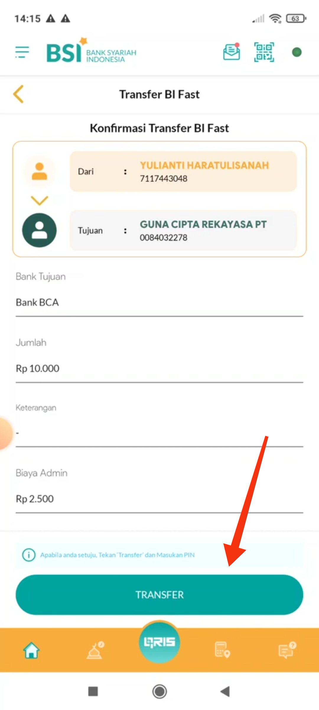 Cara Transfer Antar Bank via BI Fast BSI Mobile Banking - Tongbos