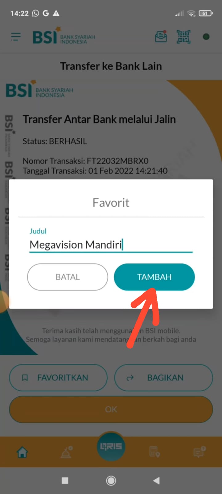 Cara Simpan/Buat Favorit Nomor Rekening Tujuan di BSI Mobile Banking - Tongbos